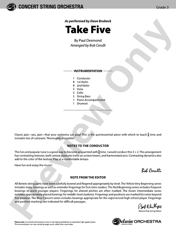 Take Five: Score: String Orchestra Score - Digital Sheet Music Download