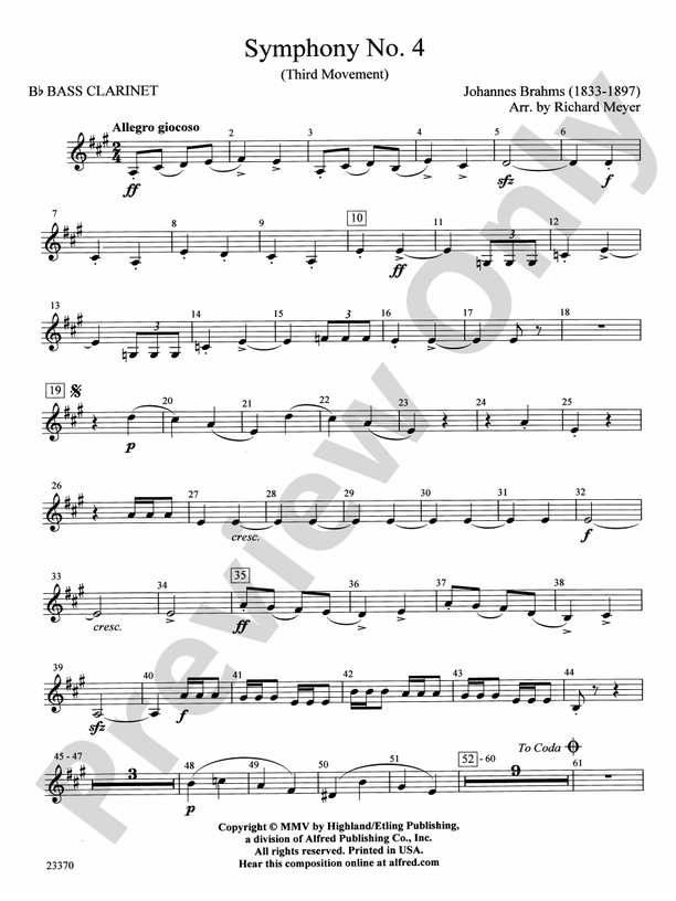 Symphony No. 4: B-flat Bass Clarinet: B-flat Bass Clarinet Part - Digital Sheet Music Download