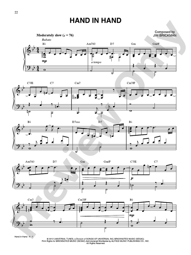 Hand in Hand: Piano/Vocal/Guitar: Jim Brickman - Digital Sheet Music ...