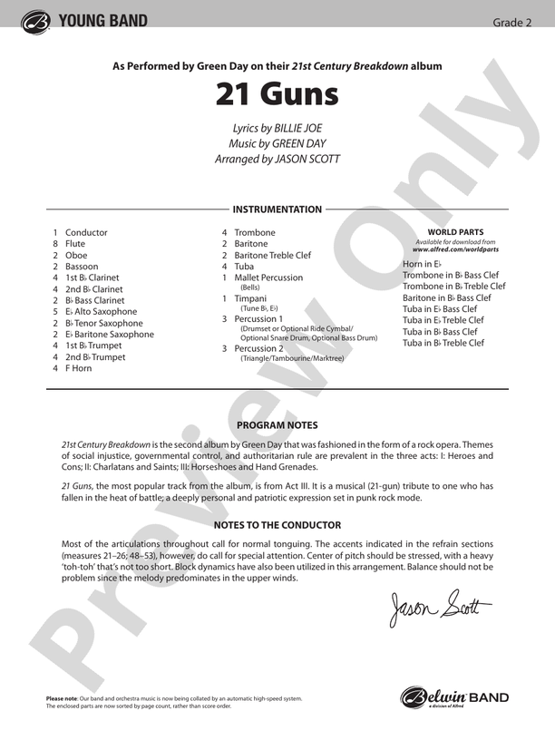 21 Guns: Concert Band Conductor Score & Parts: Green Day - Digital ...