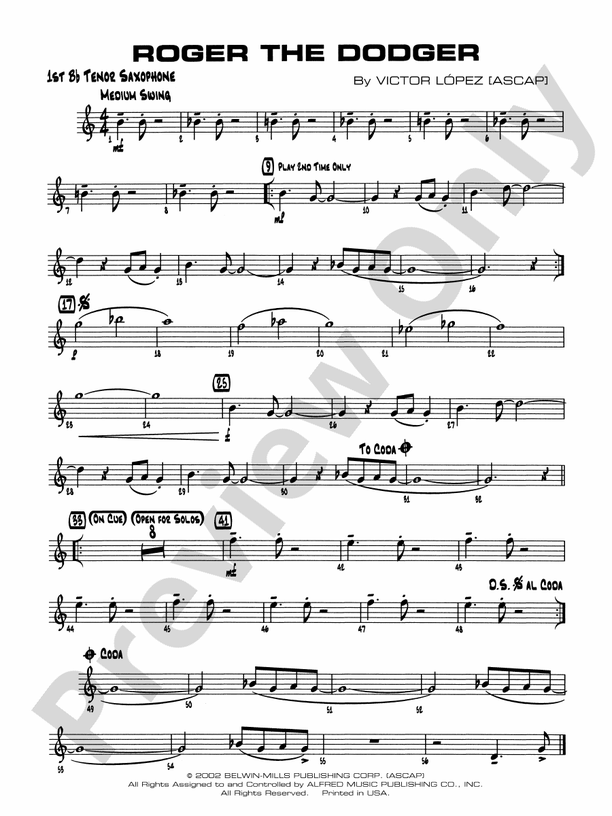 Roger the Dodger: B-flat Tenor Saxophone: B-flat Tenor Saxophone Part ...