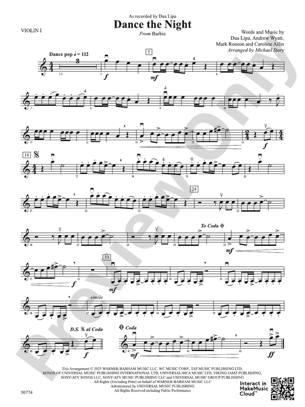 Dance the Night: 1st Violin: 1st Violin Part - Digital Sheet Music Download