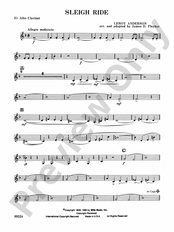 Sleigh Ride: E-flat Alto Clarinet: E-flat Alto Clarinet Part - Digital ...