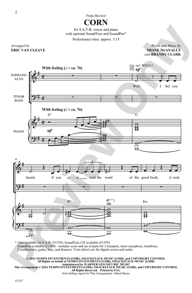 Corn: SATB Choral Octavo: Shane McAnally - Digital Sheet Music Download