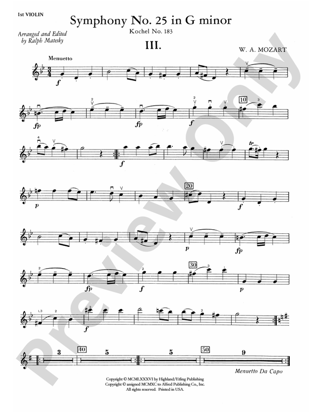 Mozart's Symphony No. 25 in G Minor, 3rd & 4th Movements: 1st Violin ...
