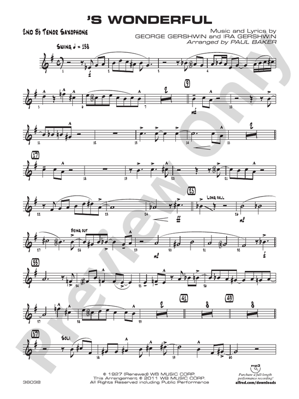 'S Wonderful: 2nd B-flat Tenor Saxophone: 2nd B-flat Tenor Saxophone Part - Digital Sheet Music ...