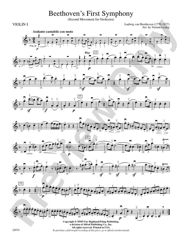 Beethoven's First Symphony, Second Movement: 1st Violin: 1st Violin Part - Digital Sheet Music ...
