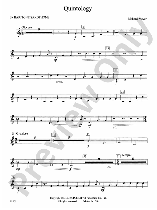 Quintology: E-flat Baritone Saxophone: E-flat Baritone Saxophone Part - Digital Sheet Music Download
