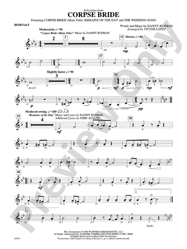 Corpse Bride, Selections from: 1st F Horn: 1st F Horn Part - Digital ...