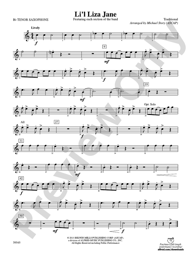 Li'l Liza Jane: B-flat Tenor Saxophone: B-flat Tenor Saxophone Part - Digital Sheet Music Download