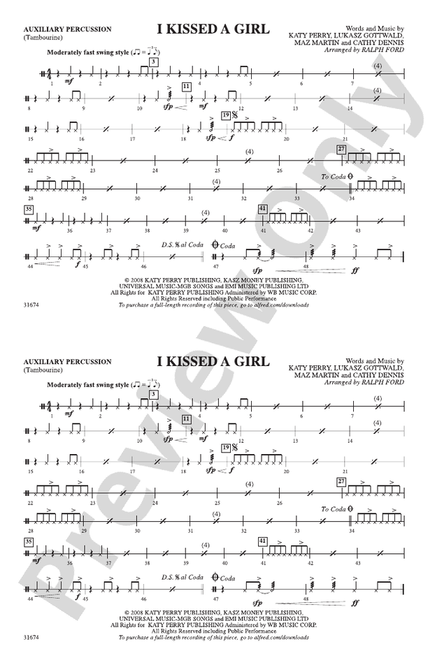 I Kissed a Girl: Auxiliary Percussion: Auxiliary Percussion Part ...