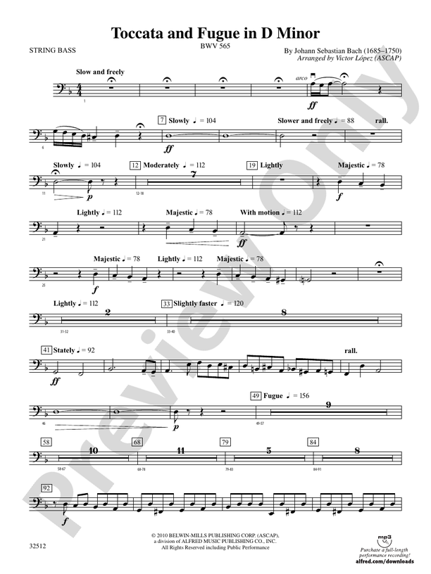 Toccata and Fugue in D Minor: String Bass: String Bass Part - Digital Sheet Music Download