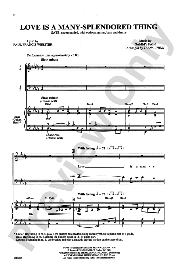 Love Is a Many-Splendored Thing: SATB Choral Octavo: Sammy Fain ...
