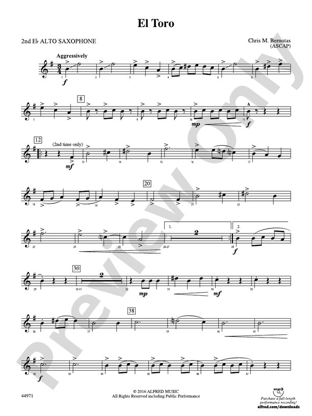 El Toro: 2nd E-flat Alto Saxophone: 2nd E-flat Alto Saxophone Part ...