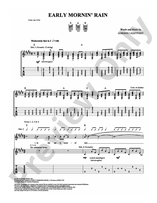 Early Mornin' Rain: Guitar TAB: Gordon Lightfoot - Digital Sheet Music ...