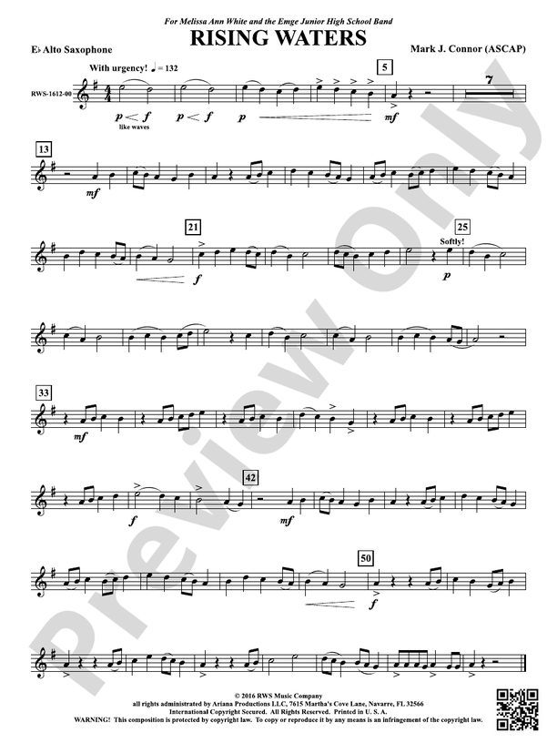 Rising Waters: 1st E-flat Alto Saxophone: 1st E-flat Alto Saxophone Part: Mark J. Connor ...