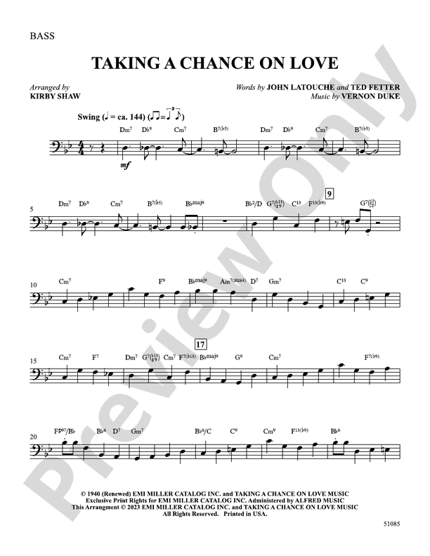 Taking a Chance on Love: String Bass: String Bass Part - Digital Sheet ...