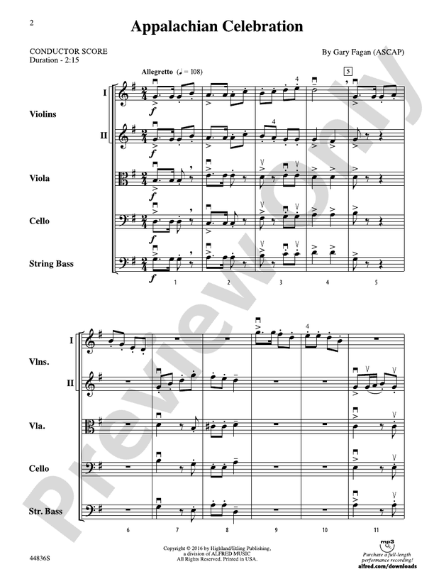 Appalachian Celebration: String Orchestra Conductor Score & Parts: Gary ...