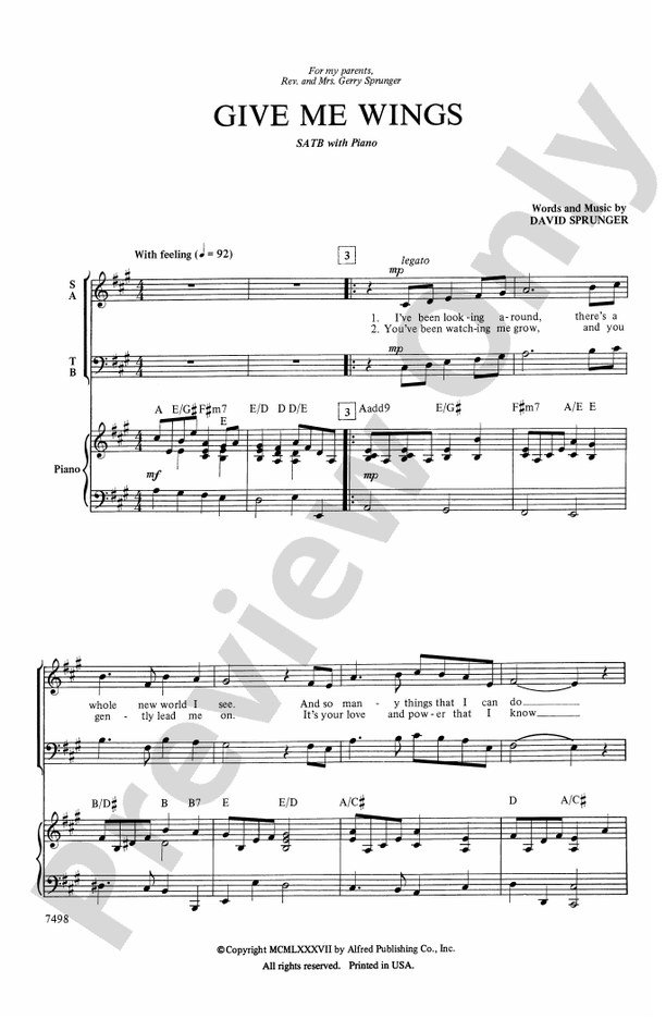 Give Me Wings: SATB Choral Octavo: David Sprunger - Digital Sheet Music ...