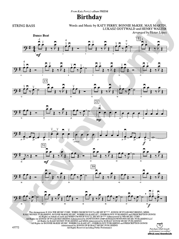 Birthday: String Bass: String Bass Part - Digital Sheet Music Download