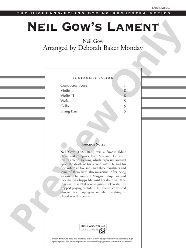 Neil Gow's Lament: String Orchestra Conductor Score & Parts: Neil Gow - Digital Sheet Music Download