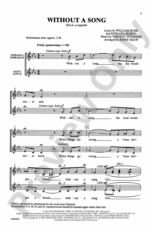 Without a Song: SSAA, a cappella Choral Octavo: Vincent Youmans ...