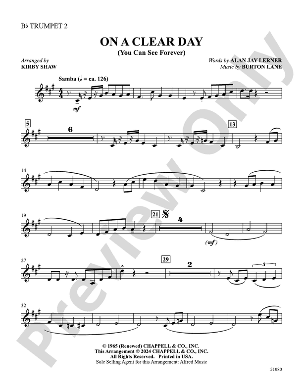 On a Clear Day: 2nd B-flat Trumpet: 2nd B-flat Trumpet Part - Digital Sheet Music Download