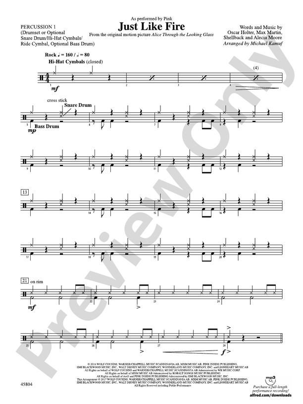 Just Like Fire: 1st Percussion: 1st Percussion Part - Digital Sheet ...