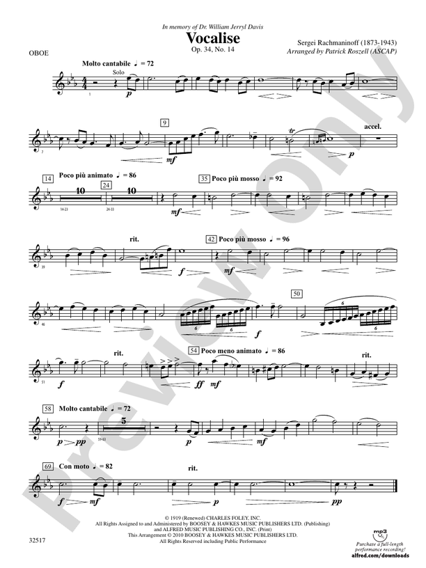Vocalise, Op. 34, No. 14: Oboe: Oboe Part - Digital Sheet Music Download