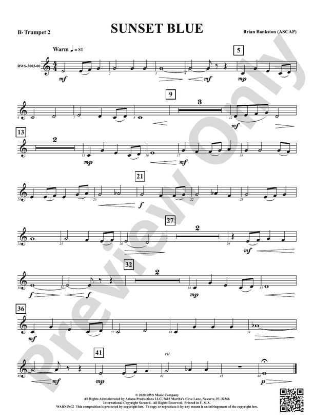 Sunset Blue: 2nd B-flat Trumpet: 2nd B-flat Trumpet Part: Brian Bankston - Digital Sheet Music ...