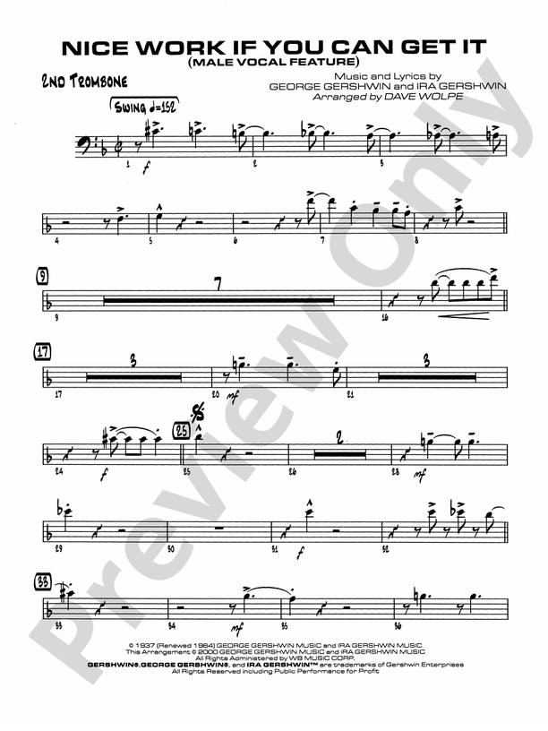 Nice Work If You Can Get It: 2nd Trombone: 2nd Trombone Part - Digital Sheet Music Download