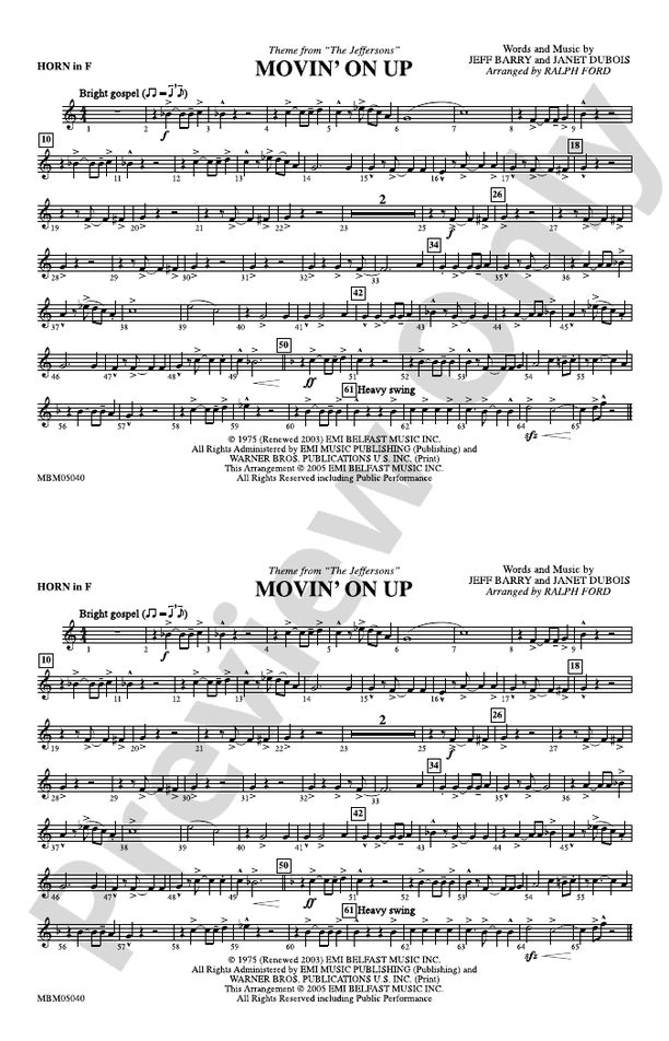 Movin' on Up (Theme from "The Jeffersons"): 1st F Horn: 1st F Horn Part ...