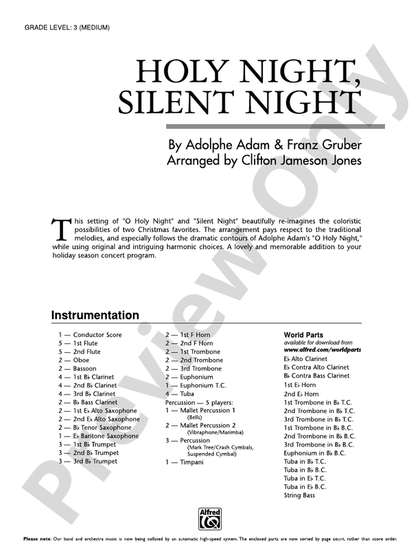 Holy Night, Silent Night: Concert Band Conductor Score & Parts: Adolphe ...