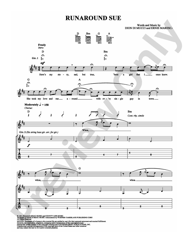 Runaround Sue: Guitar TAB: Dion and the Belmonts - Digital Sheet Music ...
