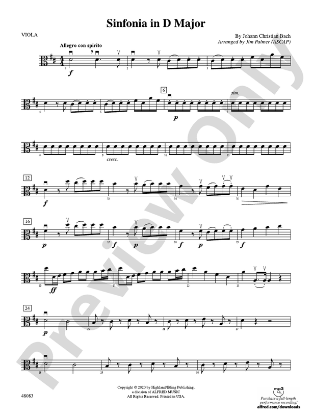Sinfonia in D Major: Viola: Viola Part - Digital Sheet Music Download