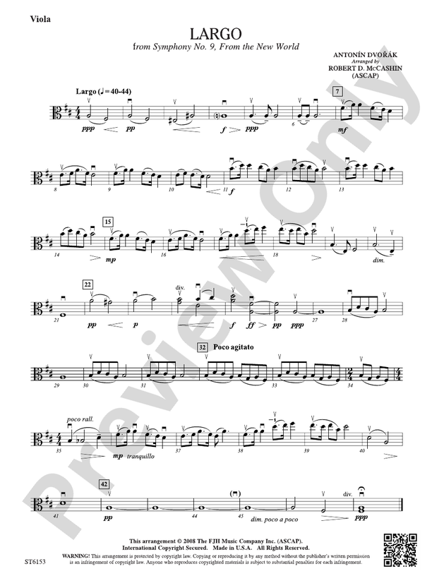 Largo (from Symphony No. 9, "From the New World"): Viola: Viola Part ...