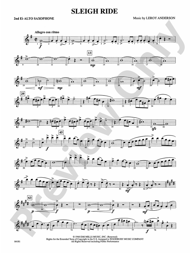 Sleigh Ride: 2nd E-flat Alto Saxophone: 2nd E-flat Alto Saxophone Part - Digital Sheet Music ...