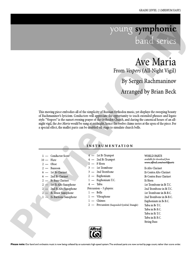 Ave Maria: Concert Band Conductor Score & Parts: Sergei Rachmaninov - Digital Sheet Music Download