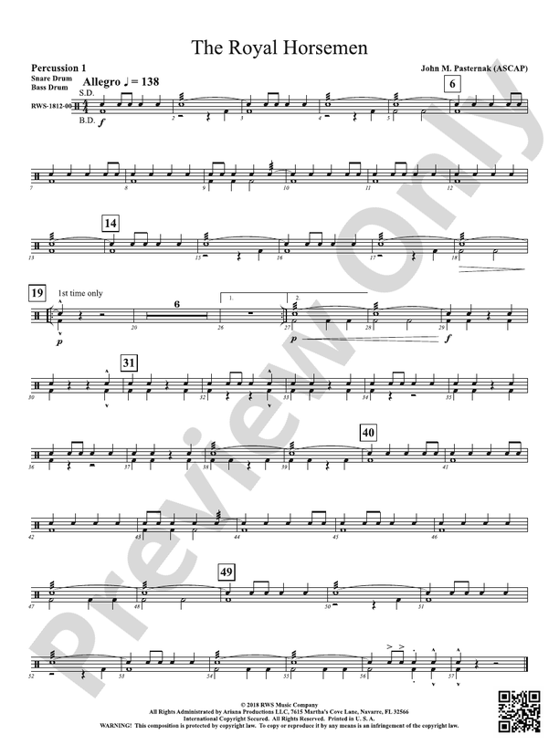 The Royal Horsemen: 1st Percussion: 1st Percussion Part: John M. Pasternak - Digital Sheet Music ...