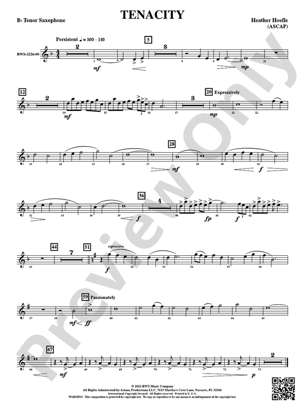 Tenacity: B-flat Tenor Saxophone: B-flat Tenor Saxophone Part: Heather Hoefle - Digital Sheet ...