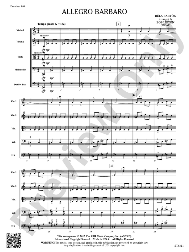 Allegro Barbaro: Score: String Orchestra Score: Bela Bartok - Digital Sheet Music Download