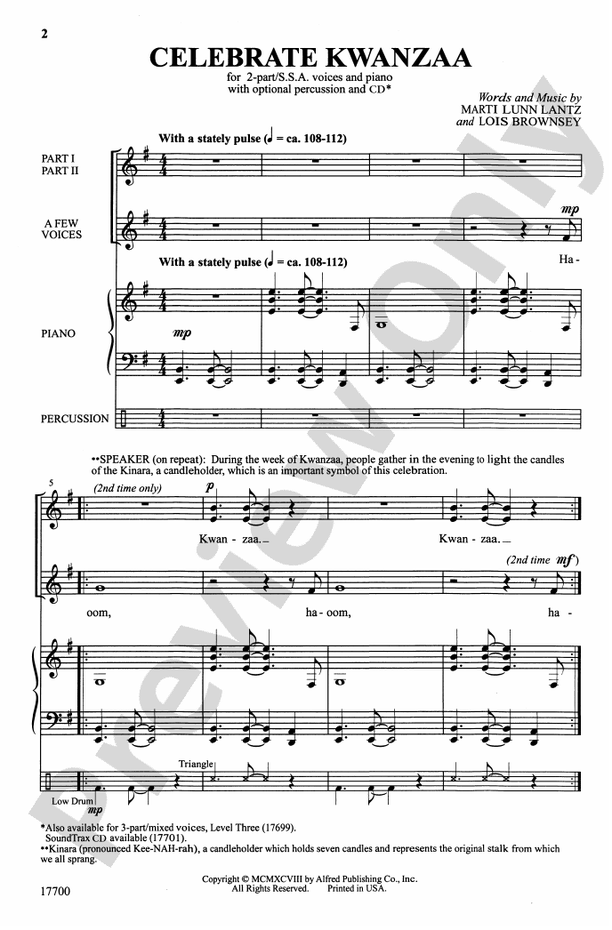Celebrate Kwanzaa 2 Part Ssa Choral Octavo Lois Brownsey Digital