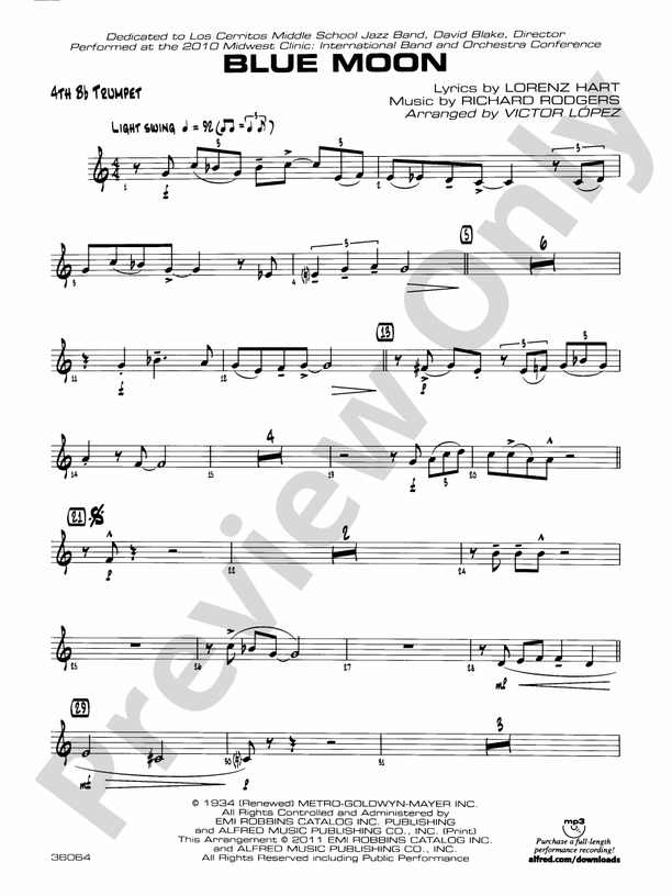 Blue Moon: 4th B-flat Trumpet: 4th B-flat Trumpet Part - Digital Sheet ...