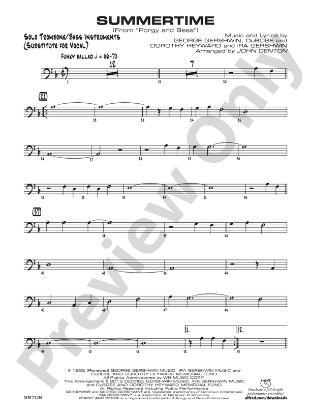 Summertime: Solo Bass Clef Part (Substitute for Vocal): Solo Bass Clef ...
