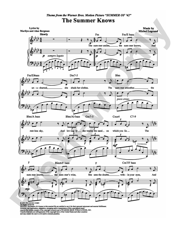 The Summer Knows: Piano/Vocal/Chords: Michel Legrand - Digital Sheet Music Download