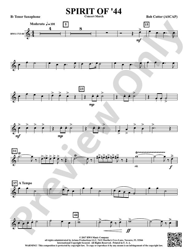 Spirit Of '44 - Concert March: B-flat Tenor Saxophone: B-flat Tenor ...