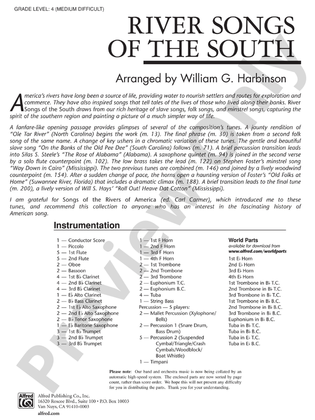 River Songs of the South: Concert Band Conductor Score & Parts: William ...