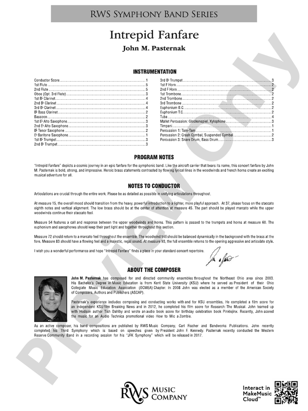 Intrepid Fanfare: Concert Band Conductor Score & Parts: John M. Pasternak - Digital Sheet Music ...