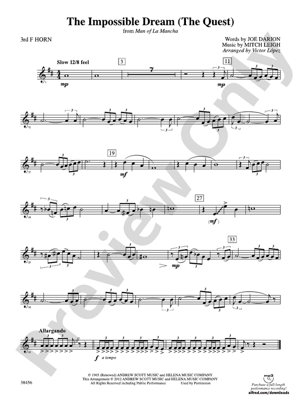 The Impossible Dream (from Man of La Mancha): 3rd F Horn: 3rd F Horn Part - Digital Sheet Music ...