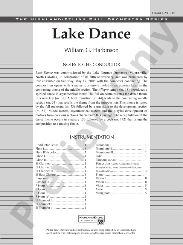 Lake Dance: Full Orchestra Conductor Score & Parts: William G ...